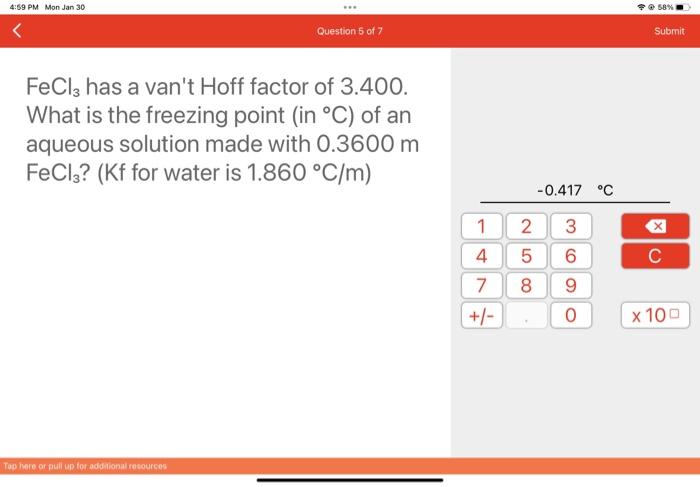 Solved FeCl3 has a van't Hoff factor of 3.400. What is the | Chegg.com