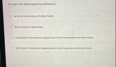 Solved The basis of an asset acquired by inheritance isA) | Chegg.com
