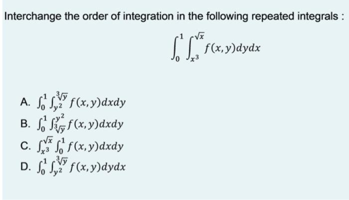 Solved Interchange the order of integration in the following | Chegg.com