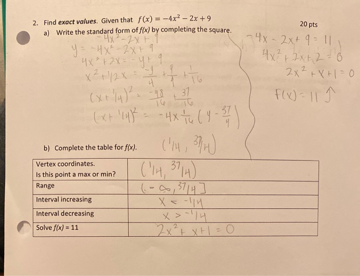 Solved 2. Find exact values. Given that f(x) = -4x2 – 2x +9 | Chegg.com