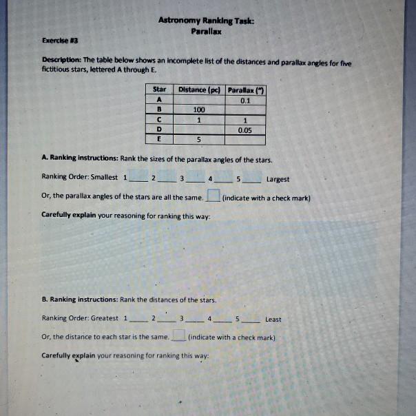 Solved Astronomy Ranking Task: Parallax Exercise #3 | Chegg.com