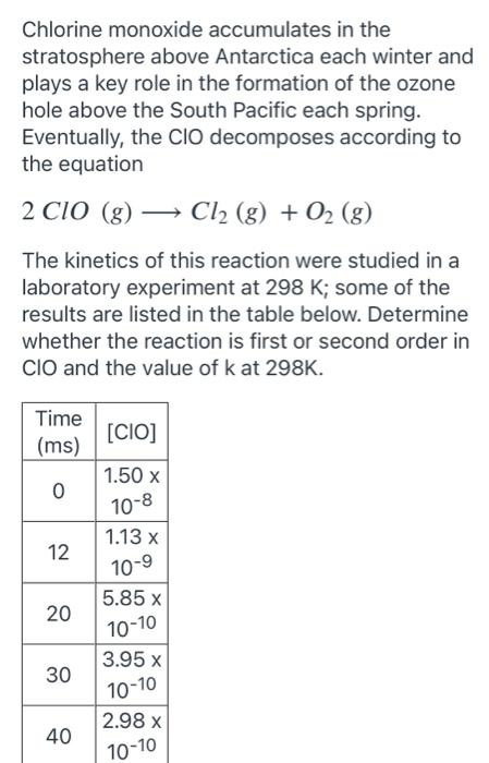 Solved Chlorine monoxide accumulates in the stratosphere | Chegg.com