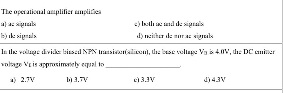 Solved The operational amplifier amplifiesa) ﻿ac signalsc) | Chegg.com