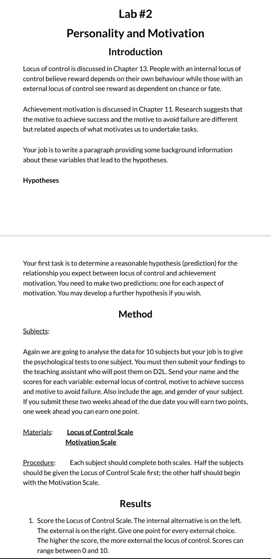 Solved Lab \#2 Personality and Motivation Introduction Locus | Chegg.com