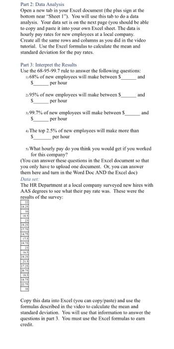 Part 2: Data Analysis Open a new tab in your Excel | Chegg.com