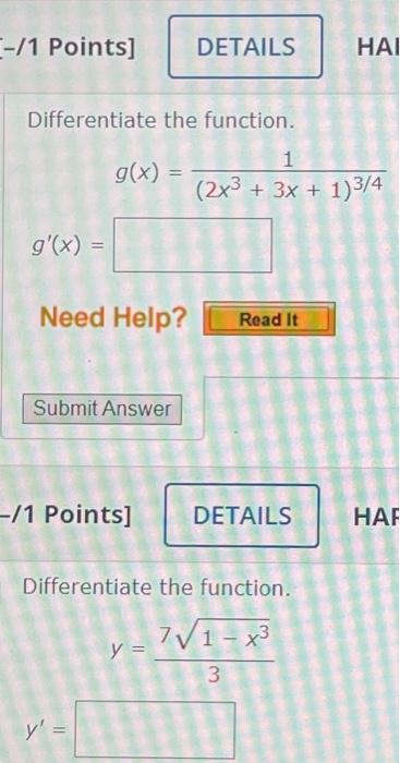 Solved -/1 Points] Differentiate the function. | Chegg.com