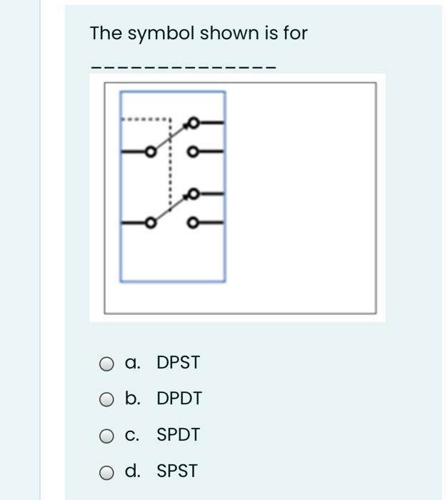 Solved The symbol shown is for O A. DPST O b. DPDT O C. SPDT | Chegg.com
