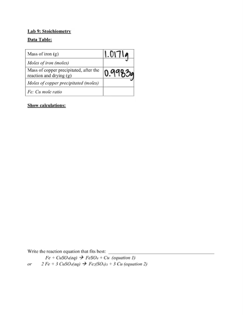 Solved Lab 9: StoichiometryData Table:Show | Chegg.com