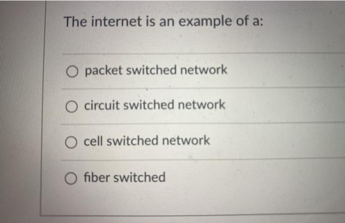 Solved The internet is an example of a: packet switched | Chegg.com