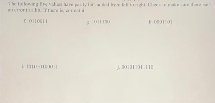 Solved The following five values have parity bits added from | Chegg.com