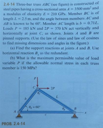 Solved Three-bar truss ABC (see figure) is constructed of | Chegg.com