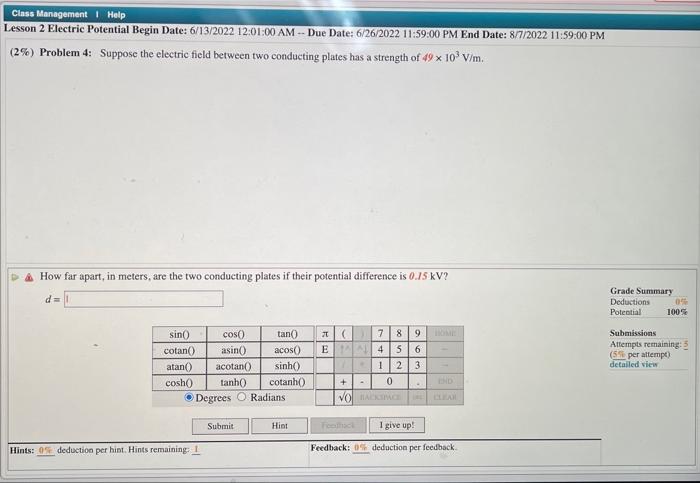 Solved Class Management I Help Lesson 2 Electric Potential | Chegg.com