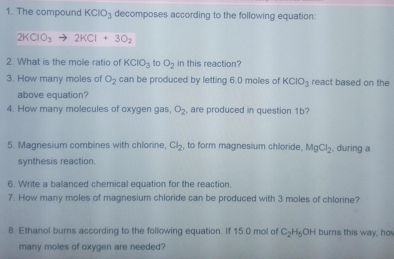 Solved 1. The compound KCIO3 decomposes according to the | Chegg.com