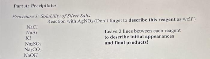 Procedure 1: Solubility of Silver Salts Reaction with | Chegg.com
