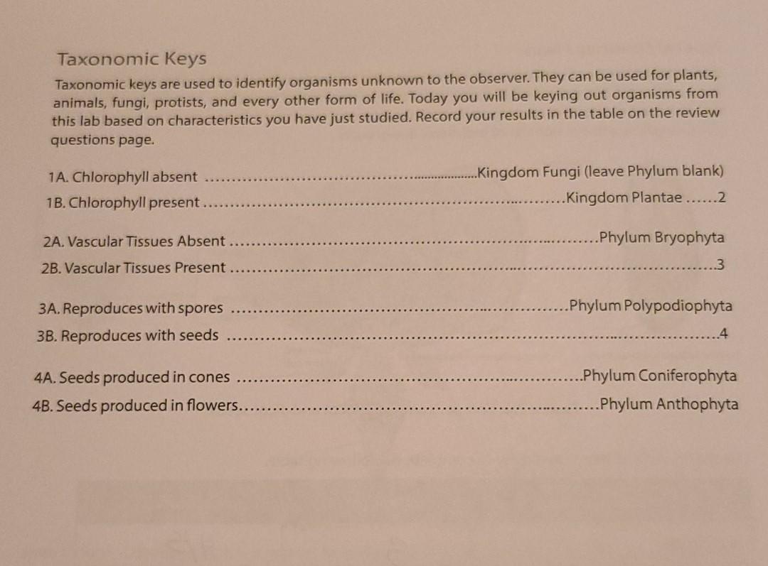 Solved Taxonomic Keys Taxonomic keys are used to identify | Chegg.com