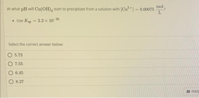 Solved At what pH will Cu(OH)2 start to precipitate from a | Chegg.com