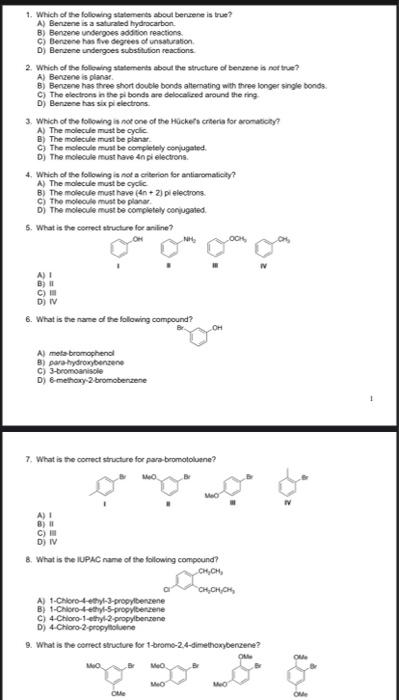 Solved 1. Which of the following stafornents aboul benaene | Chegg.com
