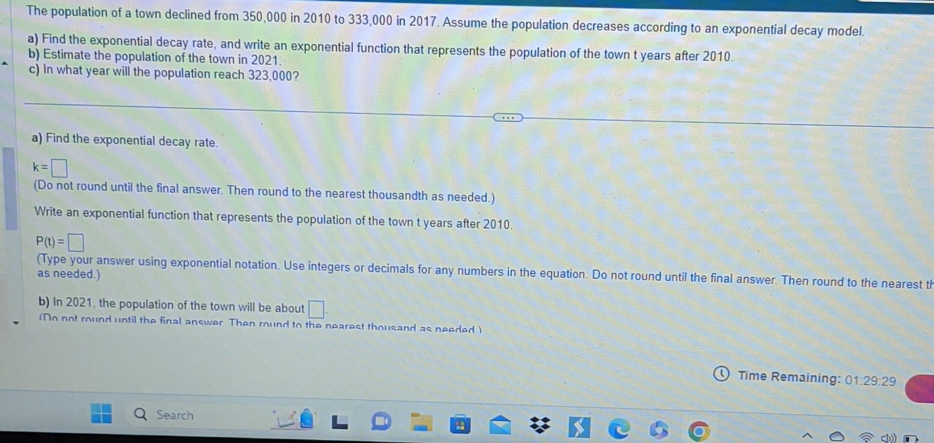 Solved The population of a town declined from 350,000 in | Chegg.com