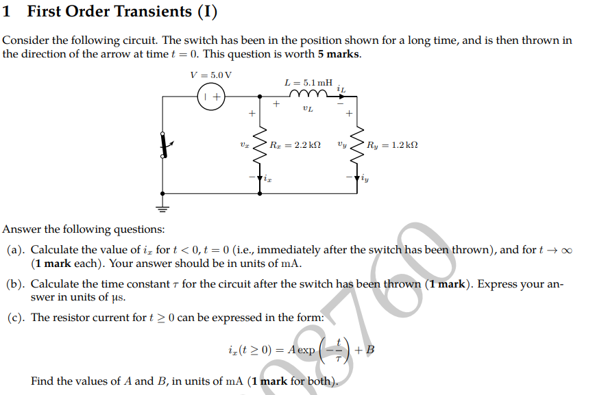 Solved 1 ﻿First Order Transients (I)Consider the following | Chegg.com