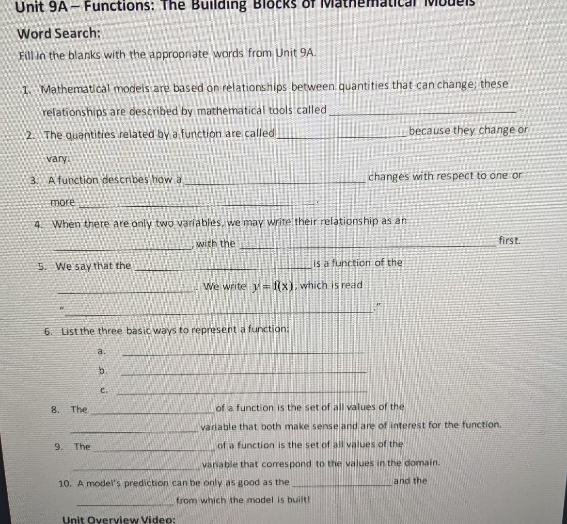 Solved Unit 9A- Functions: The Building Blocks of Mathemati | Chegg.com