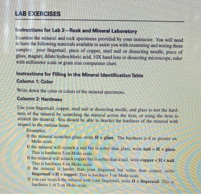 Solved Instructions for Lab 2 - Rock and Mineral Laboratory | Chegg.com