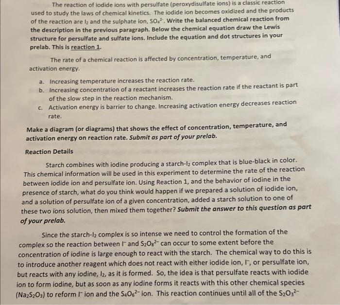 Solved The reaction of iodide ions with persulfate | Chegg.com