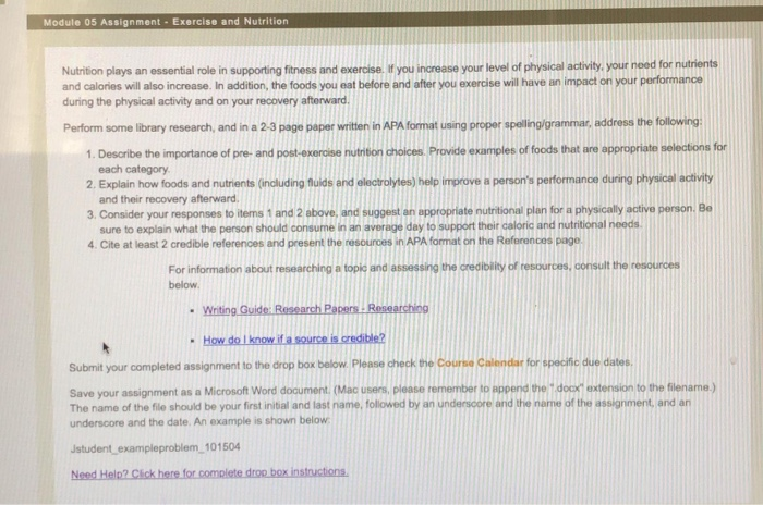 Solved Module 05 Assignment - Exercise and Nutrition | Chegg.com