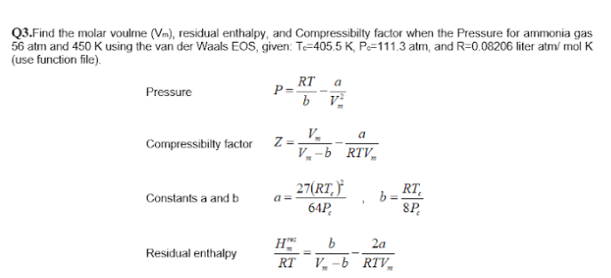Solved Q3. Find the molar voulme (Vm), residual enthalpy, | Chegg.com