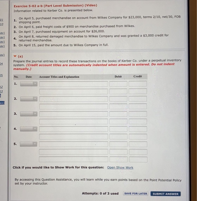 Solved Exercise 5-02 a-b (Part Level Submission) (Video) | Chegg.com