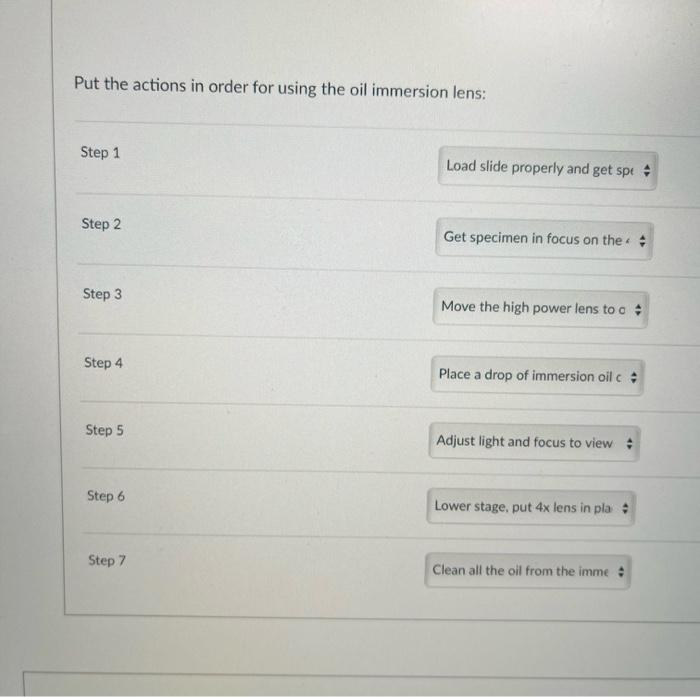 Solved Put the actions in order for using the oil immersion | Chegg.com