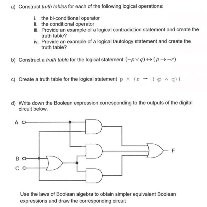 Solved a) Construct truth tables for each of the following | Chegg.com