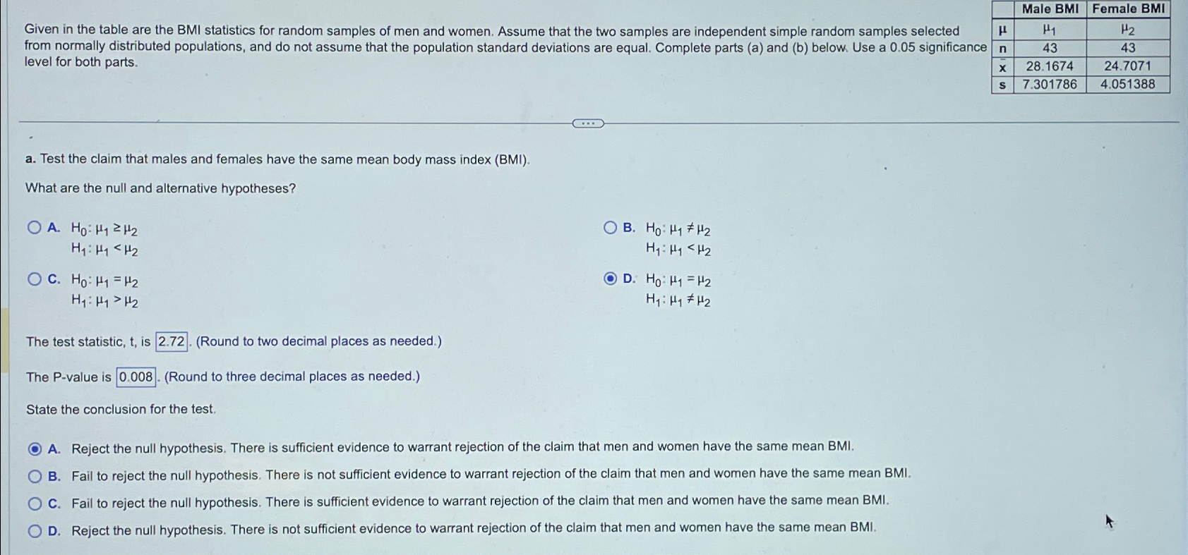 Given in the table are the BMI statistics for random | Chegg.com