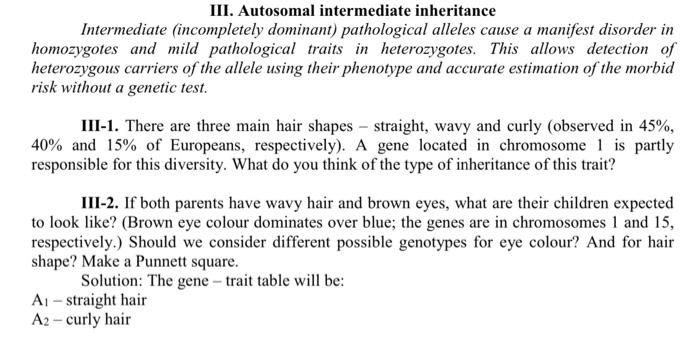 Solved III. Autosomal intermediate inheritance Intermediate | Chegg.com
