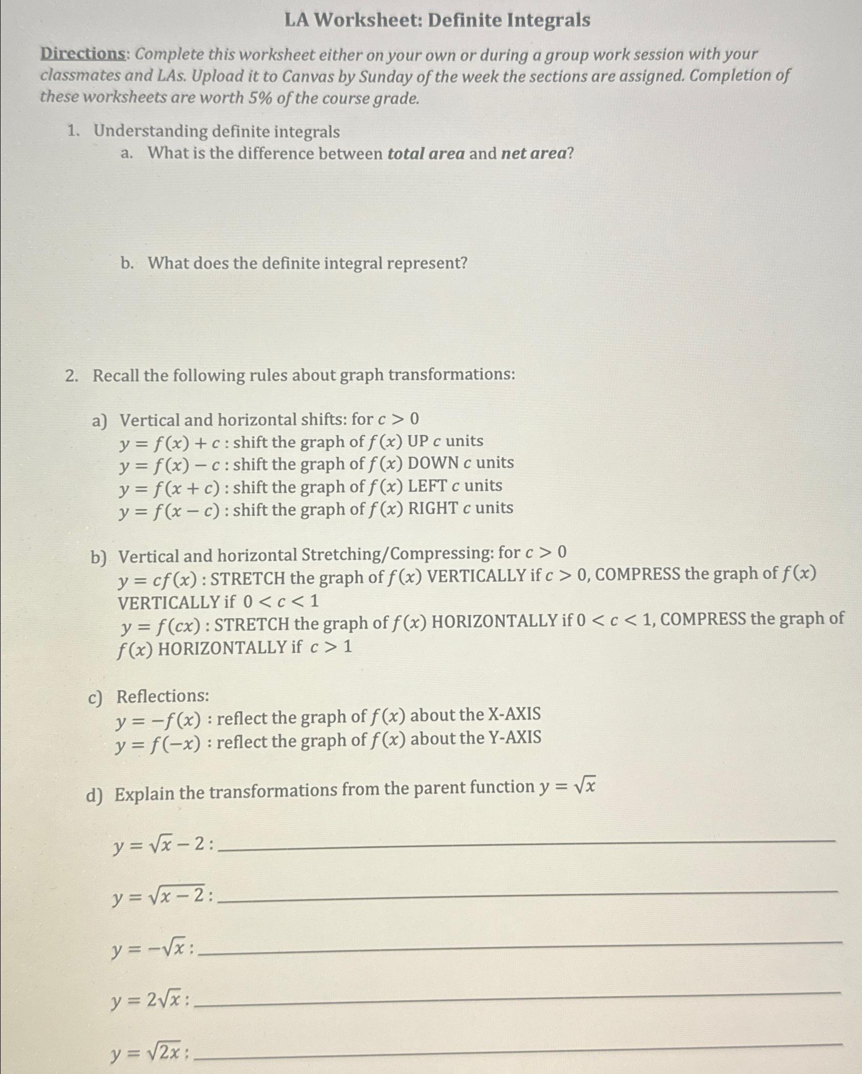Solved LA Worksheet: Definite IntegralsDirections: Complete | Chegg.com