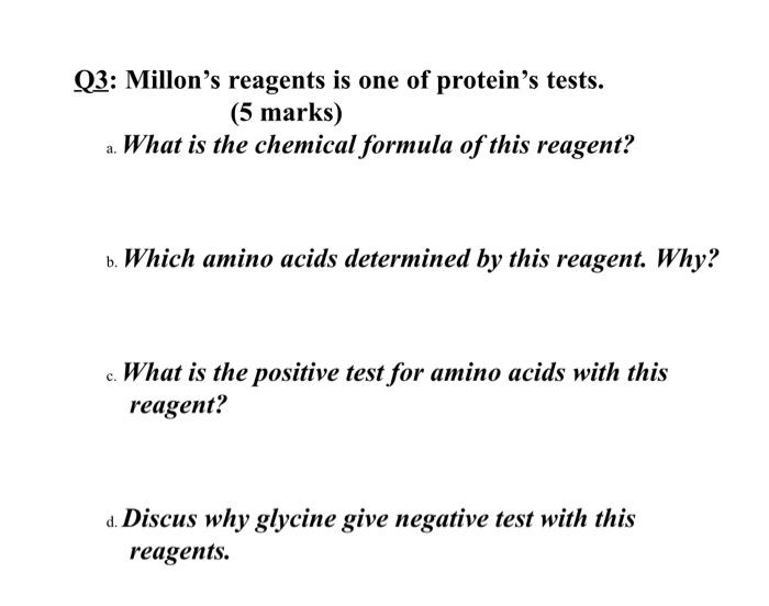 Solved Q3: Millon's reagents is one of protein's tests. (5 | Chegg.com