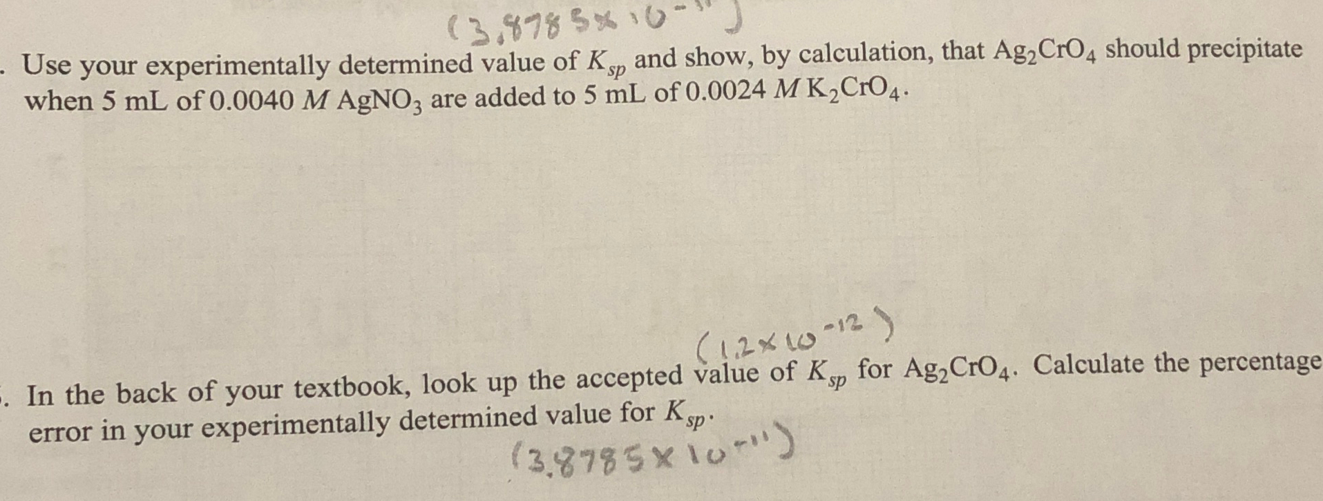 Solved 1. ﻿Use your experimentally determined value of Ksp | Chegg.com