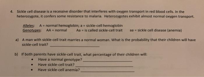 Solved 4. Sickle cell disease is a recessive disorder that | Chegg.com