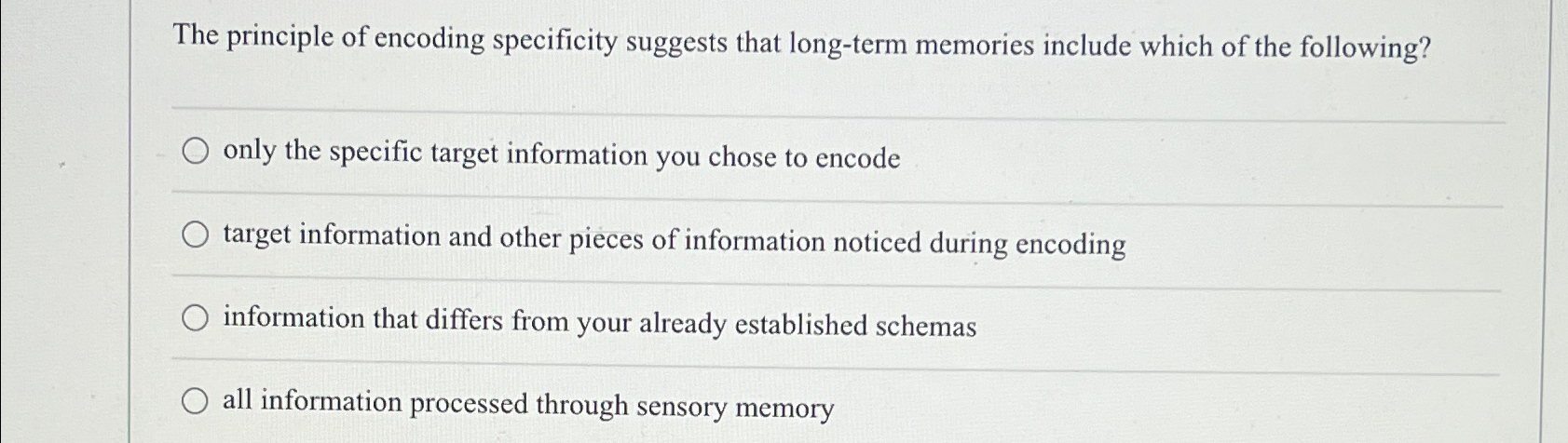 Solved The principle of encoding specificity suggests that | Chegg.com