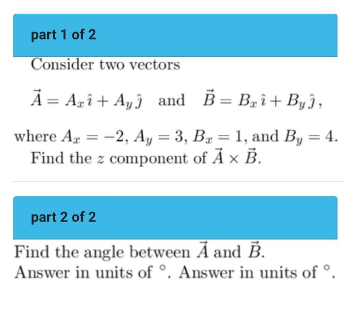 Solved part 1 of 2 Consider two vectors A=Ax ^+Ay ^ and | Chegg.com