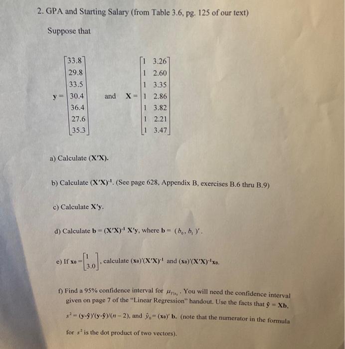 Solved 2. GPA and Starting Salary (from Table 3.6,pg.125 of | Chegg.com