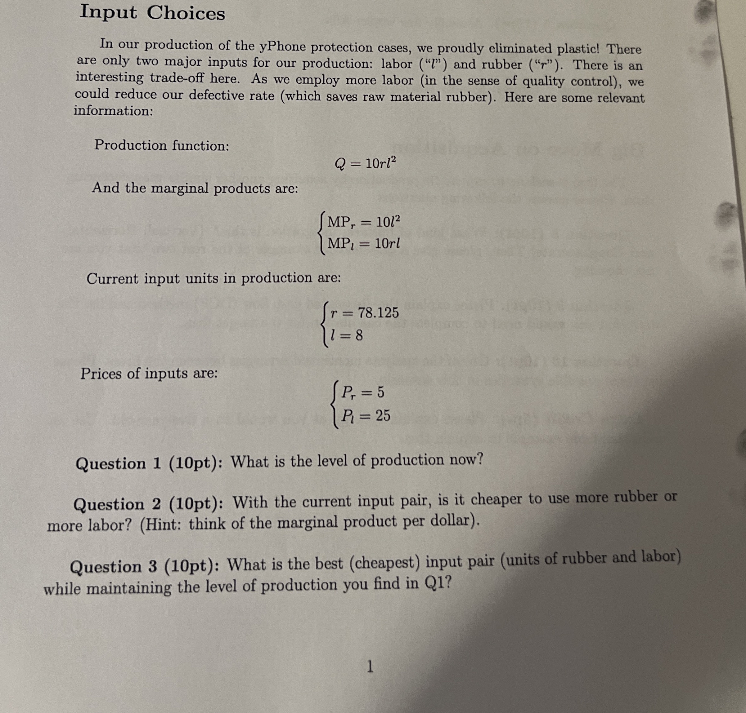 Solved Input ChoicesIn our production of the y ﻿Phone | Chegg.com