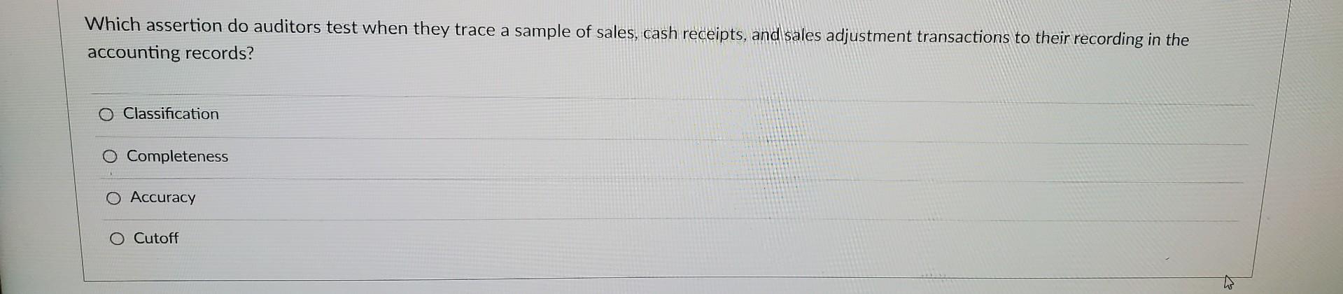 Solved Which assertion do auditors test when they trace a | Chegg.com