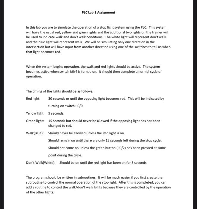 PLC Lab 1 Assignment In this lab you are to simulate | Chegg.com