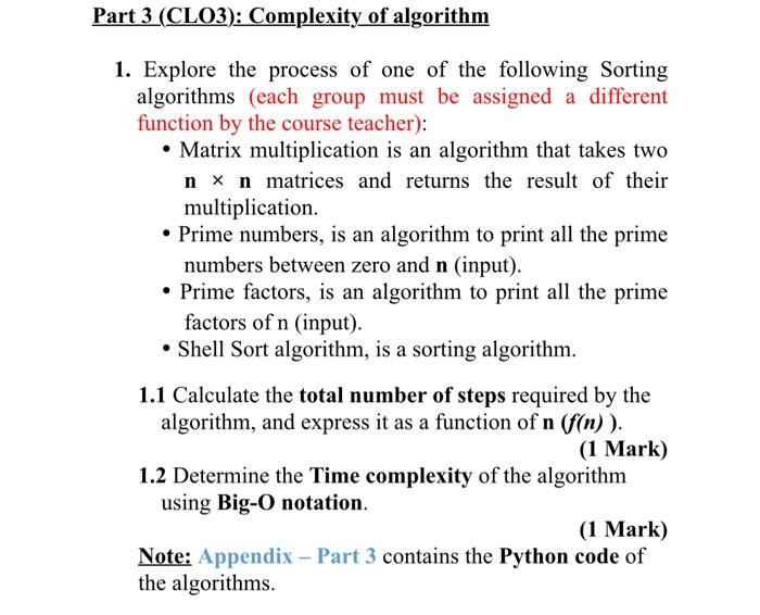 Solved Part 3 (CLO3): Complexity of algorithm 1. Explore the | Chegg.com