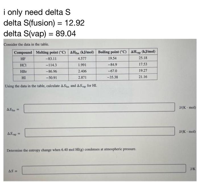 Solved i only need delta S delta S (fusion) =12.92 delta | Chegg.com