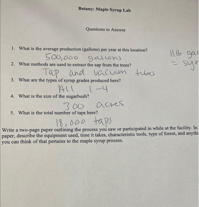 Botany: Maple Syrup Lab Questions to Answer 1. What | Chegg.com