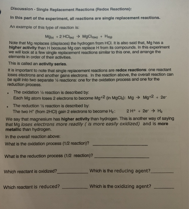 Solved Discussion - Single Replacement Reactions (Redox | Chegg.com