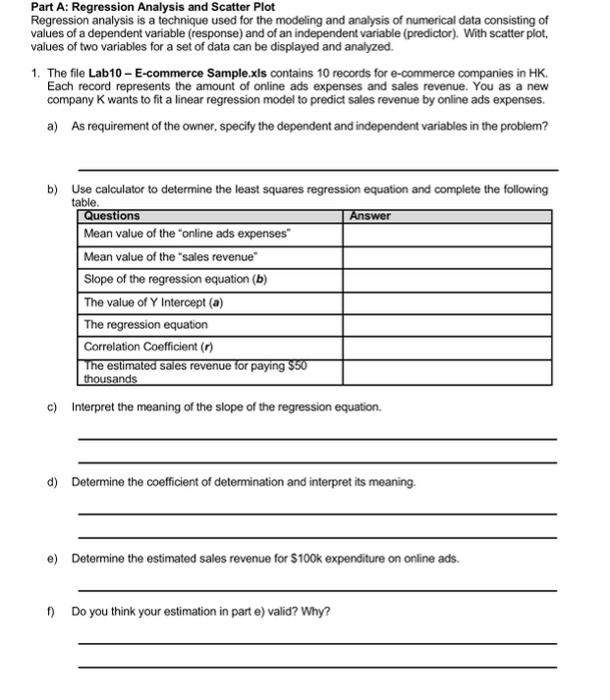 Solved Part A: Regression Analysis and Scatter Plot | Chegg.com