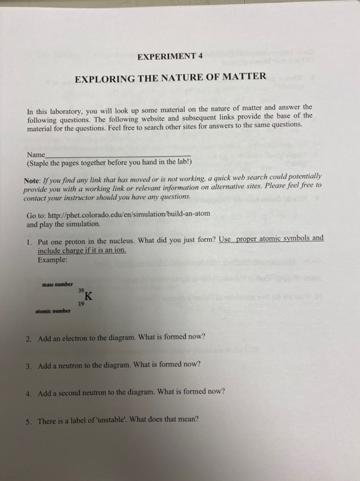 Solved EXPERIMENT 4 EXPLORING THE NATURE OF MATTER In this | Chegg.com