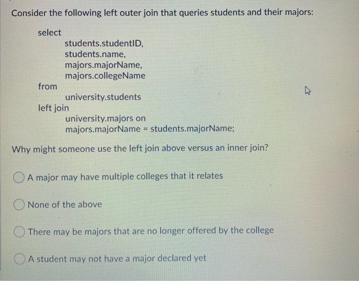 Solved Consider the following left outer join that queries | Chegg.com
